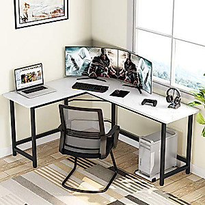 Tribesigns 66 inch Modern L Shaped Desk, Corner Computer Desk PC Laptop Gaming Table Workstation for Home Office, White Faux Marble/Black Metal Frame