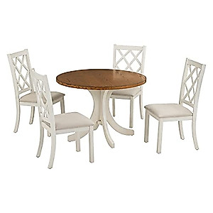 LIADTOP Modern, Mid-Century Solid Wood 5-Piece Set, 42'' Round Dining Table with 4 Upholstered Chairs for Small Places,Walnut+Beige