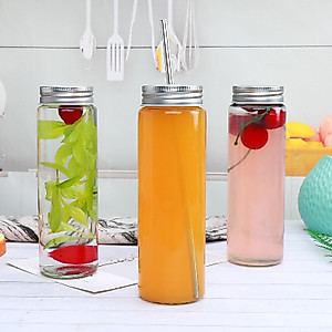 14 OZ Glass Juicing Bottles with Airtight Lids, Reusable Drinking Jars with Straw & Lids with Hole, Glass Water Bottles for Juice, Beverage, Smoothie, Tea, Kombucha, Homemade Drinks (10 Pack)