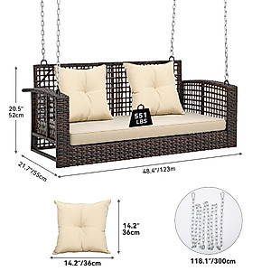 YITAHOME Porch Swing Hanging Bench Swing Outdoor Wicker Patio Swing Lounge Front Rattan Swing w/ 2 Back Cushions Capacity 530lbs for Garden, Balcony, Brown Rattan Beige Cushion