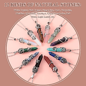 12 Pcs Healing Crystal Necklace Hexagonal Healing Crystal Flower Wrapped Crystal Point Pendant Necklace Healing Pendents Natural Quartz Point Necklace with Chain for Women (Bronze Flower Silver Chain)