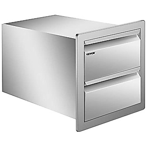 VBENLEM 14W x 14.5H x 23D Inch Flush Mount Stainless Steel Double Drawers with Recessed Handles for Outdoor Kitchens or BBQ Island
