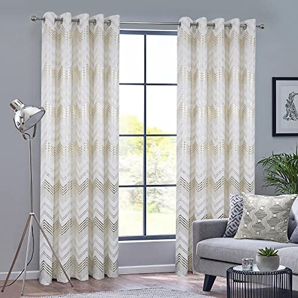 always4u Soft Velvet Foil Print Curtains 84 Inches Long White and Gold Chevron Curtains Luxury Window Treatment White 2 Panels 54 * 84 Inches