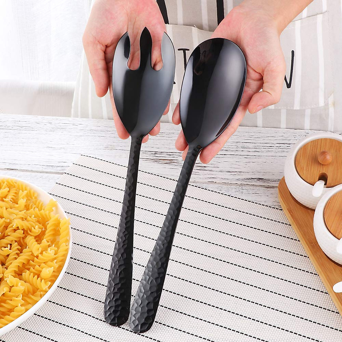 Bisda Salad Spoon and Fork Set, 12 Inch Stainless Steel Salad Server, Black Serving Utensils, Dishwasher Safe, Pack of 2