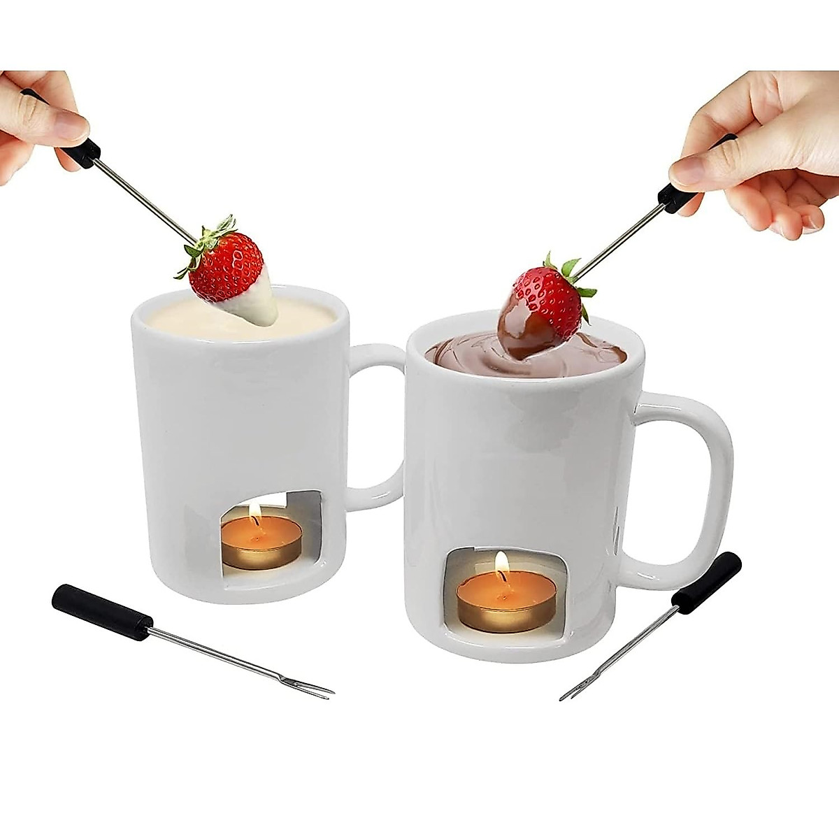 Kovot Personal Fondue Mugs Set of 2 | Ceramic Mugs for Chocolate or Cheese | Includes Forks and Tealights| Double Vented (White)
