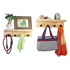 Spiretro Coat Rack with Shelf, Wall Floating Shelves with Peg Hooks, Organize, Storage, Decorative for Entryway, Mudroom, Kitchen, Bathroom, Set of 2, Rustic Pine Wood Natural Beige