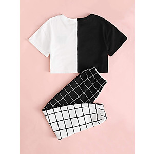 SOLY HUX Girl's 2 Piece Outfits Colorblock Butterfly Tee Top and Plaid Pants Set Black White 10Y