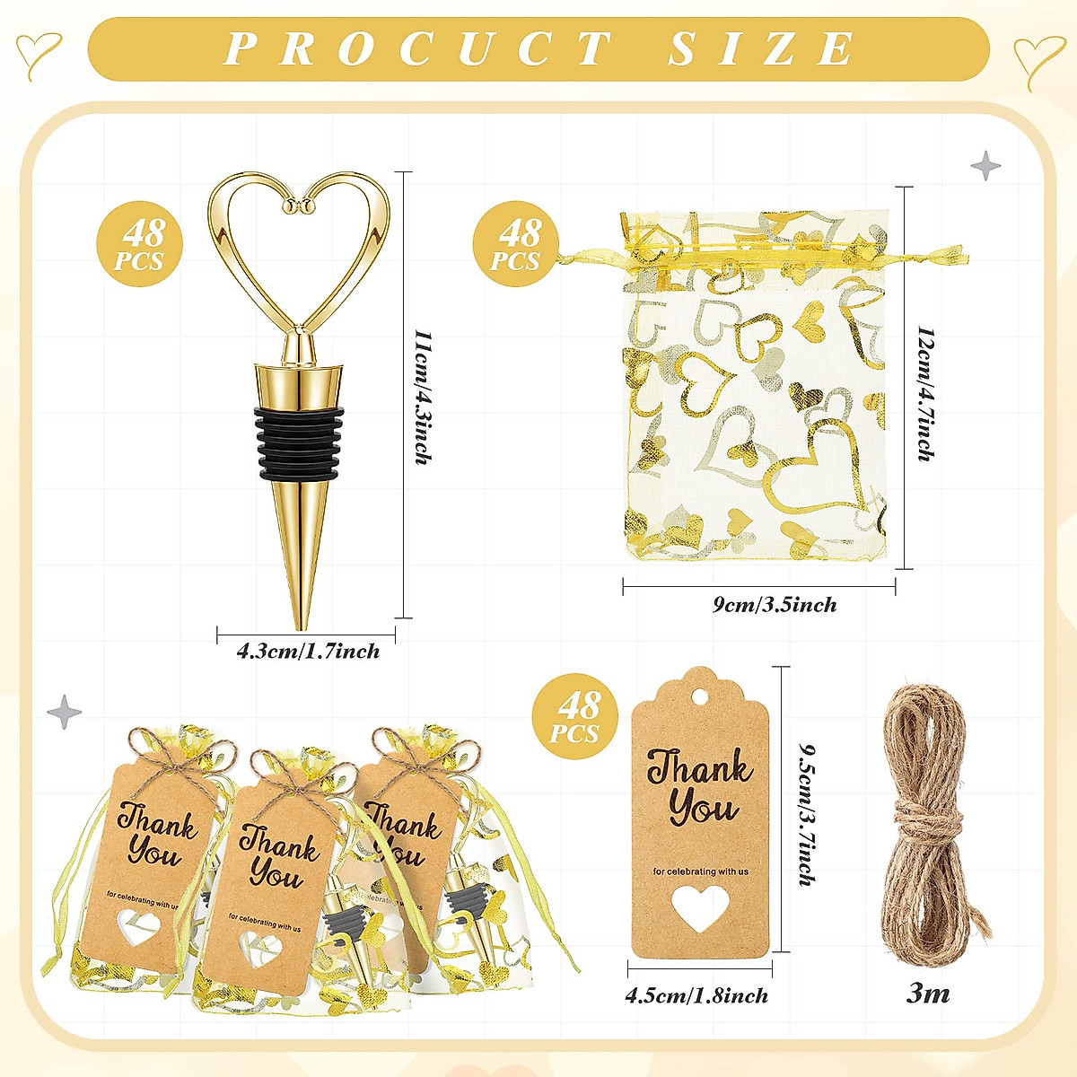 48 Set Heart Shaped Wine Beverage Bottle Stopper Party Favors Bulk Love Design for Guests with Sheer Bags, Labels, Rope for Valentines Souvenir Gifts Engagement Wedding Bridal Shower Supplies (Gold)