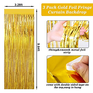 3 Pack Party Backdrop Decorations, 3.28 x 9.84 ft Gold Birthday Backdrop Tinsel Curtain Backdrop Birthday Decor Party Streamers Party Supplies for Birthday Wedding Graduation Bachelor Party