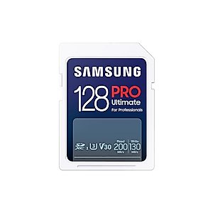 SAMSUNG PRO Ultimate Full Size 128GB SDXC Memory Card, Up to 200 MB/s, 4K UHD, UHS-I, C10, U3, V30, A2, for DSLR, Mirrorless Cameras, PCs, MB-SY128S/AM
