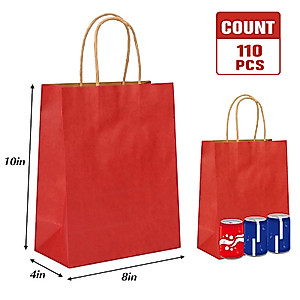 Moretoes 110pcs Red Paper Bags with Handles, 8x4x10 Inch Medium Sizes Gift Bags Bulk, Valentines Day Gift Bags Red Paper Bags for Small Business, Shopping Bags, Party Bags, Favor Bags