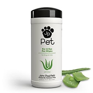 John Paul Pet Ear & Eye Pet Wipes for Dogs and Cats, 2 in 1, Safe, Clean Face, Infused with Aloe, pH Balanced, Cruelty Free, Paraben Free, Made in USA, Unscented, White, 7" x 7"