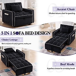 Convertible Sleeper Chair Bed, 3 in 1 Modern Velvet Pull Out Sofa Bed Chair, Small Tufted Single Sleeper Chair with Adjustable Backrest/Pillow for Living Room, Small Spaces, Apartment, Office, Black