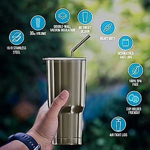 BluePeak Double Wall Vacuum Stainless Steel Insulated Tumblers Set, 2-Pack - Includes 2 Sipping Lids, 2 Spill-Proof Sliding Lids, 2 Straws, 1 Cleaning Brush & Gift Box (30 oz, Silver)