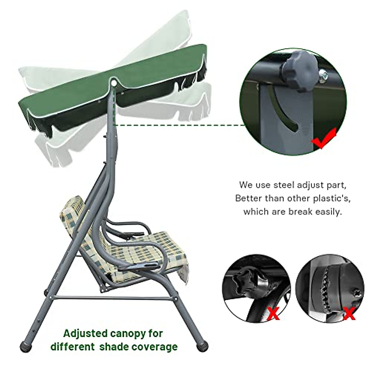 Zupapa Upgraded Outdoor Patio Swing Chair w/Thickened 3-Person Armrest Seat, Canopy Swing w/Adjustable Shading, Reinforced Powder-Coated Swing Sets for Backyard, Porch, Poolside, Balcony - Checked