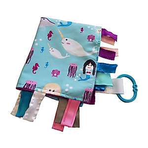 Baby Sensory, Security & Teething Closed Ribbon Tag Lovey Blanket with Minky Dot Fabric: 14”X18” (Mermaids and Narwhals)