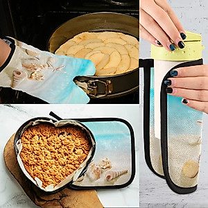 Conch Starfishs Seashells Sand Oven Mitts and Pot Holders Sets Summer Holiday Hot Pads Heat Resistant Cooking Gloves Handling Kitchen Cookware Bakeware BBQ