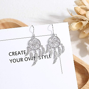 INFUSEU Sterling Silver Dream Catcher Feather Tassel Dangle Earrings for Women Ladies, Tribal Amulet Boho Bohemian Charms Fashion Jewelry
