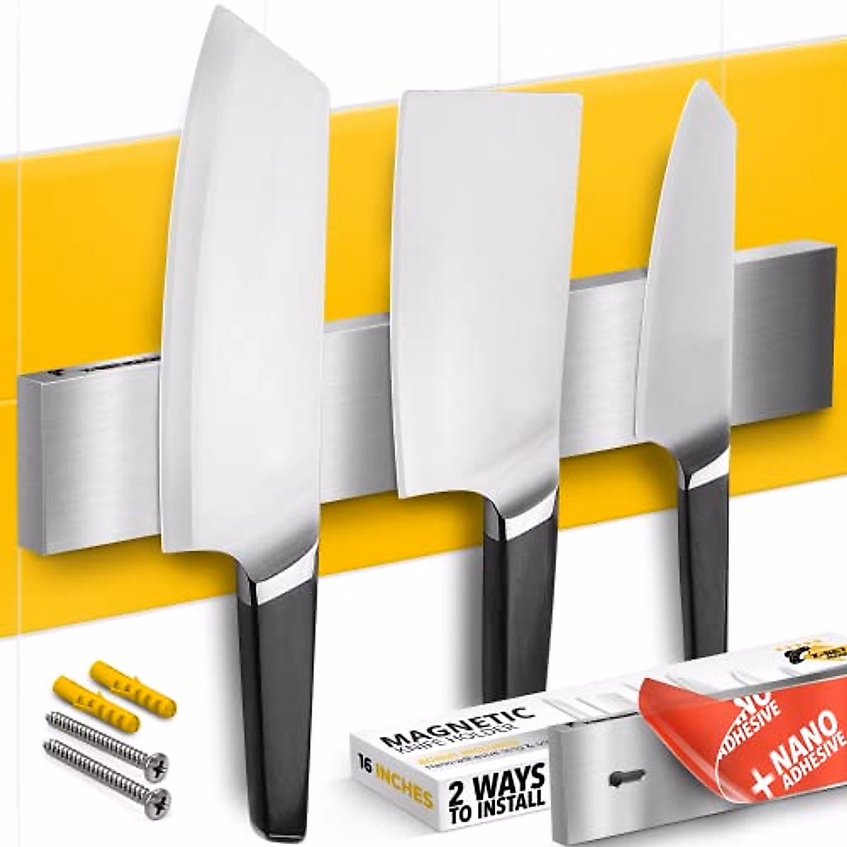 Knife Magnetic Strip with Adhesive – Magnetic Knife Holder for Wall no Screws – Magnetic Knife Block Use as Kitchen Utensil Holder, Knife Bar, Knife Rack, Kitchen Organizer and Tool Holder