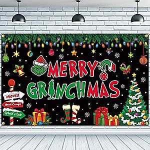 JKQ Merry Grinchmas Backdrop Banner 73 x 43 Inch Large Size Christmas Background Banner Xmas Party Decorations Christmas Holiday Baby Shower Birthday Indoor Outdoor Photo Booth Props
