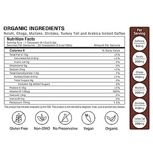 Tiger Mushroom Coffee Organic Blend 3.5 oz - 100% Arabica Coffee with 5 Superfood Mushrooms Includes Reishi, Chaga, Maitake, Shiitake, Turkey Tail