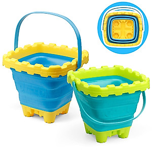 Castle Foldable Beach Sand Buckets Toy Set, 2L Silicone Collapsible Pails, Large Multi Functions Sandbox Kit Camping Traveling Gear, Beach Buckets Essential for Vacation Kids Adults 2 Pack