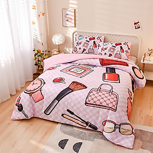 Aimuan Fashion Girl Comforter Sets Cosmetic Perfume Bag Lipstick Diva Pink Quilt Set Nail Polish Pattern Decorative Quilted 3 Pcs Makeup Bedding Set with 2 Pillowcases (Pink, Twin)