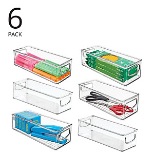 mDesign Small Plastic Office Storage Container Bins with Handles for Organization in Filing Cabinet, Closet Shelf, or Desk Drawers, Organizer for Notes, Pens, Pencils, Ligne Collection, 6 Pack - Clear