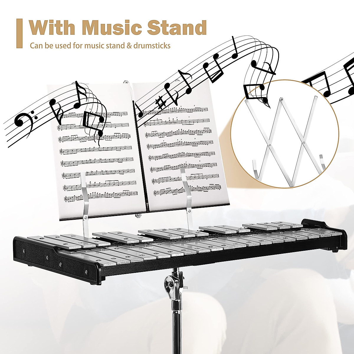 TOLEAD 32 Notes Glockenspiel Kit Xylophone Bell Percussion Instruments with Adjustable Height Stand, Practice Pad Mallets & Wooden Drumsticks, Portable Carrying Bag