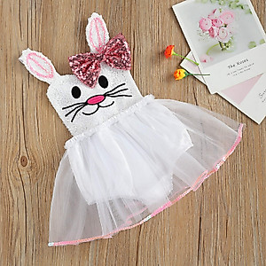 Infant Toddler Baby Girl Easter Outfits Sequin Rabbit Bunny Romper Tutu Dress Bow Halter Sleeveless Bodysuit Party Dresses (White, 18-24 Months)