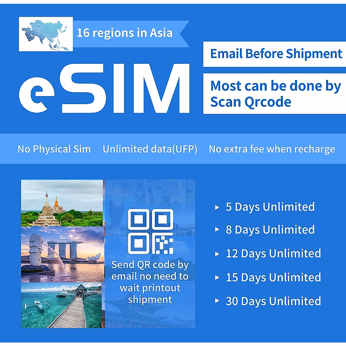 【UDBAC】 Asian eSIM Data Only SIM Card 8~30 Days Travel Internet Prepaid 4G-LTE High -Speed Traffic 1GB/Day Unlimited Low Speed(Online Delivery) (8 Days Unlimited)