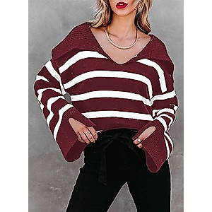 SHEWIN Womens Fashion Sexy V Neck Sweater Casual Bell Sleeve Cute Knit Tops Lapel Collar Winter Clothes for Women 2023 Biking Red Large