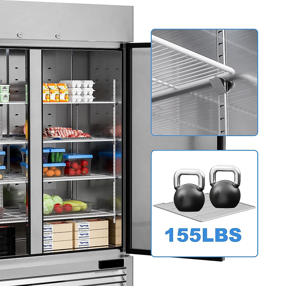 OUTBID 54" Commercial Freezers Upright 2 Door Stainless Steel Reach In Freezer with 8 Shelves, 49 Cubic Feet Air Cooling Auto Defrost Freezer for Restaurant Kitchen Garage, ETL NSF Approved