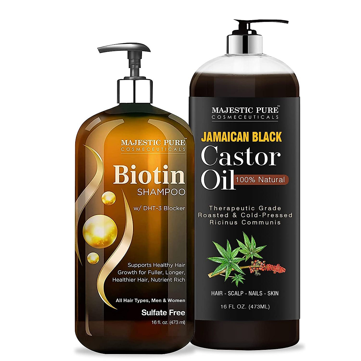 Majestic Pure Jamaican Black Castor Oil (16 oz) and Biotin Shampoo with DHT-3 Blocker (16 oz) Bundle