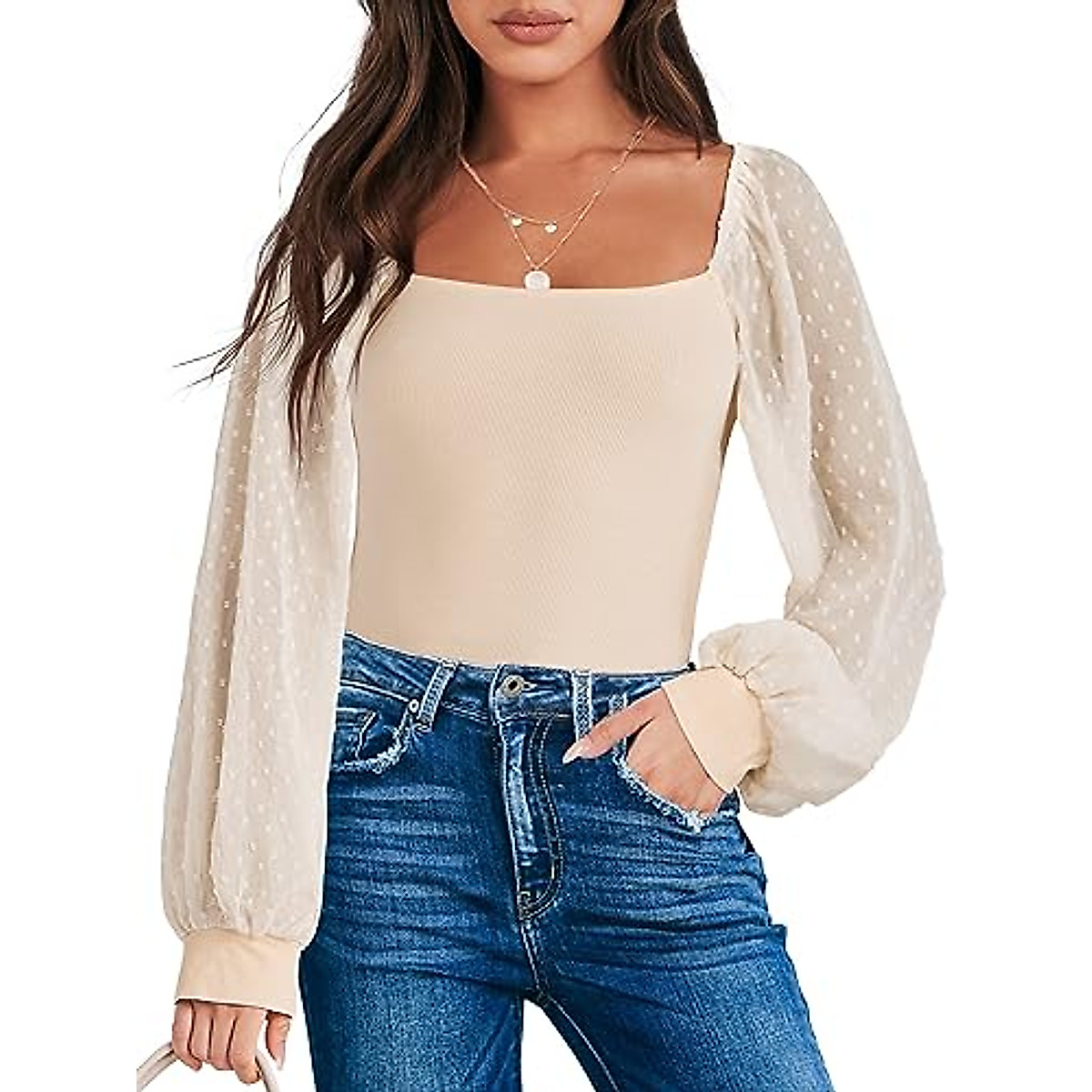 ANRABESS Rompers for Women Sheer Swiss Dot Puff Sleeve Square Neck Bodysuit Fall Casual Long Sleeve Dressy Leotard Top 1071xingse-L