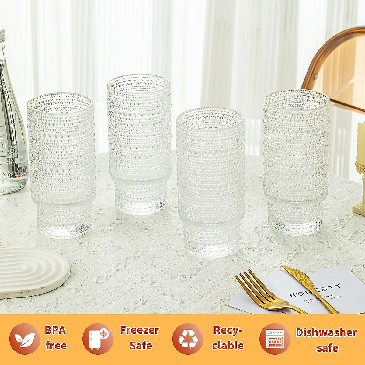 KEMORELA Elegant Highball Glassware Set - 16oz XL Glasses - Mixed Drinks, Iced Coffee, Beer, Juice, Water - Hobnail, Beaded Designs - Set of 4 | Stylish Collection for Any Occasion