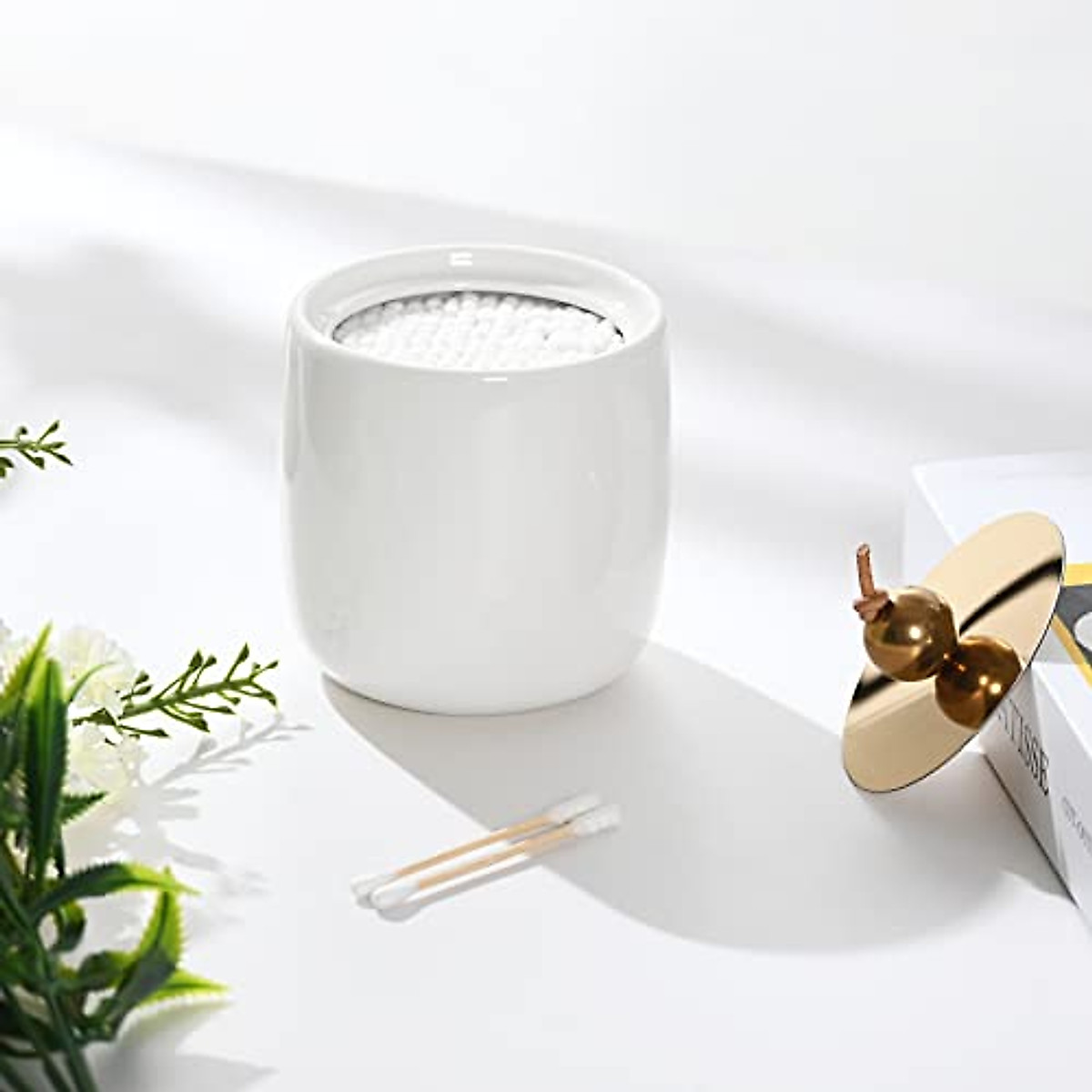 2 Pack Ceramic Qtip Holder Dispenser with Gold Lids, White Apothecary Jars Bathroom Vanity Organizer - Bathroom Canister for Cotton Swabs, Rounds, Balls, Makeup Sponges, Bath Salts