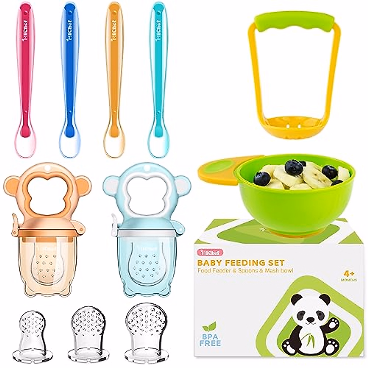 Baby Food Feeder Fruit Feeder Pacifier (2 Pack) with 3 Different Sized Silicone Pacifiers, Mash and Serve Bowl with 4 Baby Spoons Silicone Soft-Tip Infant Spoon, Baby First Stage Feeding Set by MICHEF