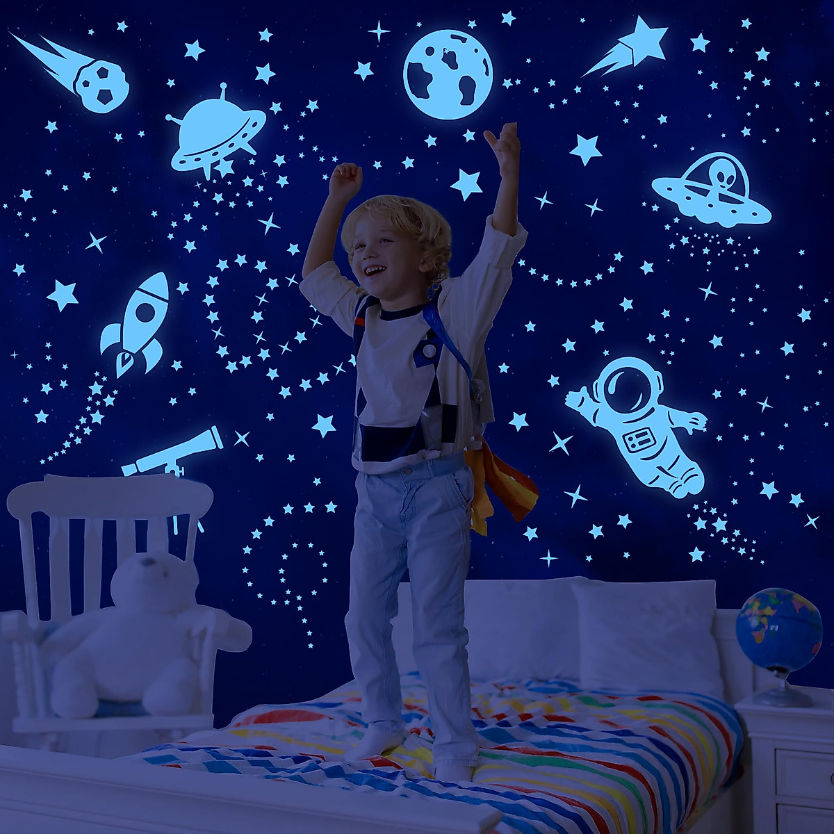 Glow in The Dark Stars Space Wall Decals Ceiling Stars Glow in The Dark Astronaut Universe Galaxy Planet Wall Stickers Glowing Stars for Bedroom Living Room Decor Christmas Gift Stocking Stuffers