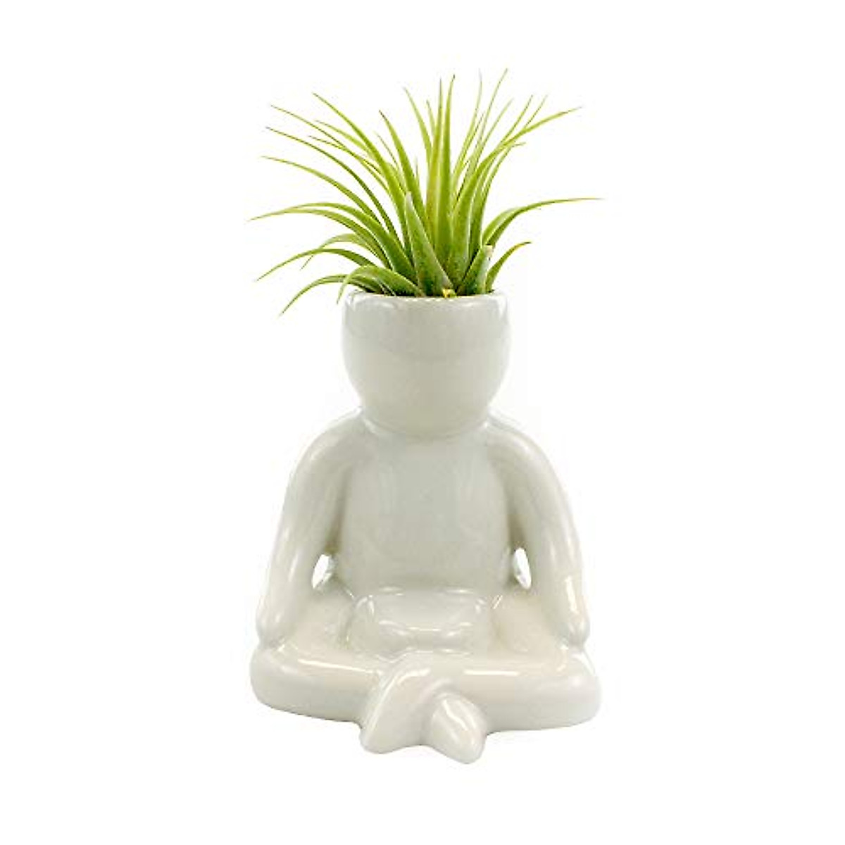 3.25 Inch White Ceramic Meditating Person Shaped Planter with Live Tillandsia Air Plant - Potted Indoor Air Plants for Home and Office Decor