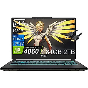 MSI Cyborg 15 Thin GF63 15.6" FHD 144Hz (Intel 16-core i7-12650H, 64GB DDR5 RAM, 2TB SSD, GeForce RTX 4060 8GB) Gaming Laptop,Webcam, Backlit, WiFi 6, Ethernet, HDMI Cable, Win 11 Home - 2023