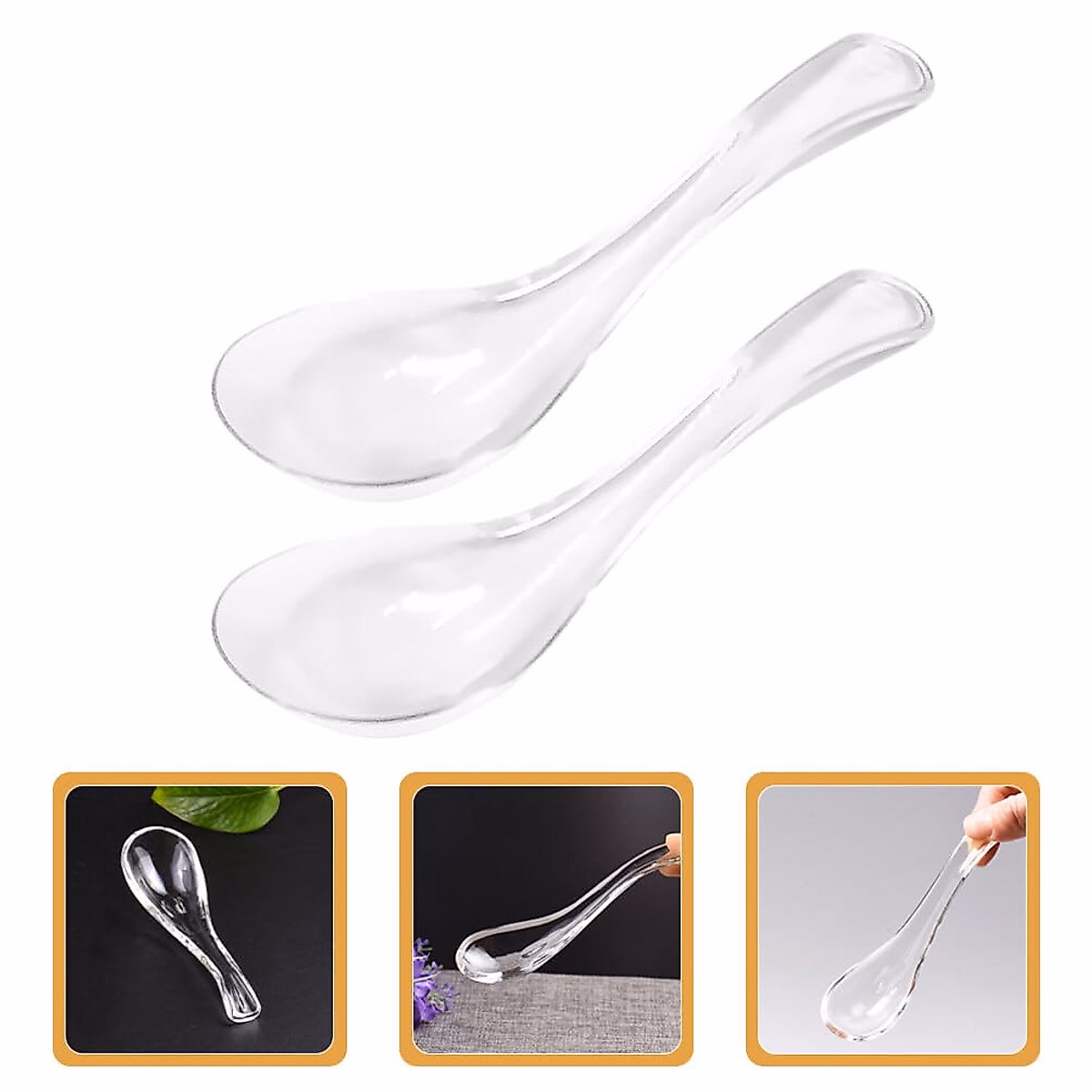 VOSAREA Clear Glass Spoons 2pcs Decorative Dessert Spoon Tablespoon Chinese Soup Spoons Asian Rice Spoon Japanese Wonton Soba Ramen Noodle Spoon
