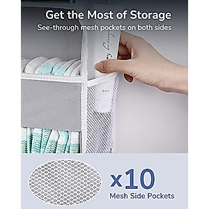 ULG 1 Pack Over Door Organizer with 5 Large Pockets 10 Mesh Side Pockets, 44 lbs Weight Capacity Hanging Storage Organizer with Clear Window for Kids Toys, Shoes, Diapers, Grey, 5 Layer