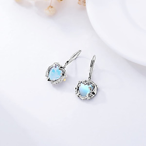 Heart Gothic Skull Head Dangle Earrings for Women S925 Sterling Silver Punk Dangling Earrings with Synthetic Moonstone Halloween Jewelry Gifts