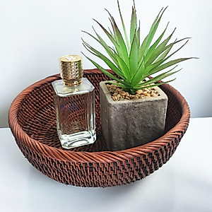 AMOLOLO 9 Inch Round Rattan Bowl Basket, Handmade Wicker Basket Tray with Scalloped Edge and 3”Deep Wall, Decorative Woven Dark Brown Bread Basket Fruit Bowl Key Holder Table Centerpiece, M