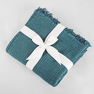 Muslin Throw Blanket, 4-Layer Soft & Breathable Gauze Summer Throw Blanket for Bed, Couch, 50"X60" Lightweight Teal Throw Blanket with Tassels, All Season