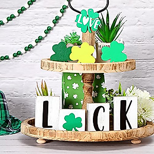 7 Pcs St. Patrick’s Day Tiered Tray Decor Lucky Shamrock Table Wooden Signs Lucky Letter Sign Freestanding Wooden Luck Blocks Shamrock Wood Letters Block for Irish Home Party Decor