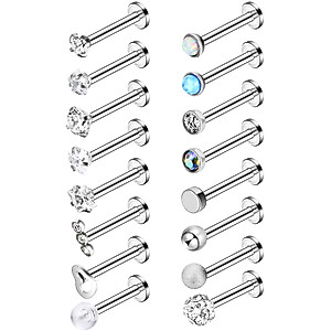 Chuangdi 16 Pieces 16 G Labret Nose Studs Piercing Lips Stainless Steel Tragus Nose Assorted Design Piercing Jewelry for Women (Silver)