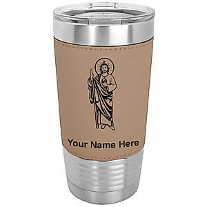 LaserGram 20oz Vacuum Insulated Tumbler Mug, Saint Jude, Personalized Engraving Included (Faux Leather, Light Brown)