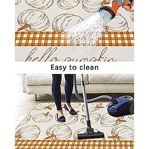 Hello Pumpkin Outdoor Rug for Patio/Deck/Porch, Non-Slip Large Area Rug 6 x 9 Ft, Thanksgiving Orange Plaid Pumpkin Fall Indoor Outdoor Rugs Washable Area Rugs, Reversible Camping Rug Carpet Runner